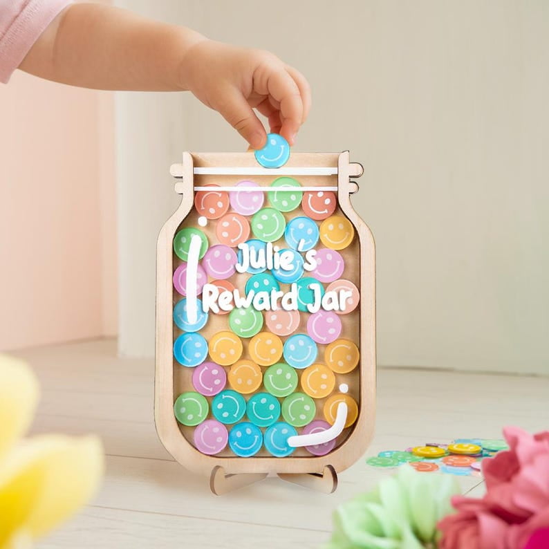 Custom Name Smiley Reward Jar for Kids, Personalized Magnetic Behavior ...