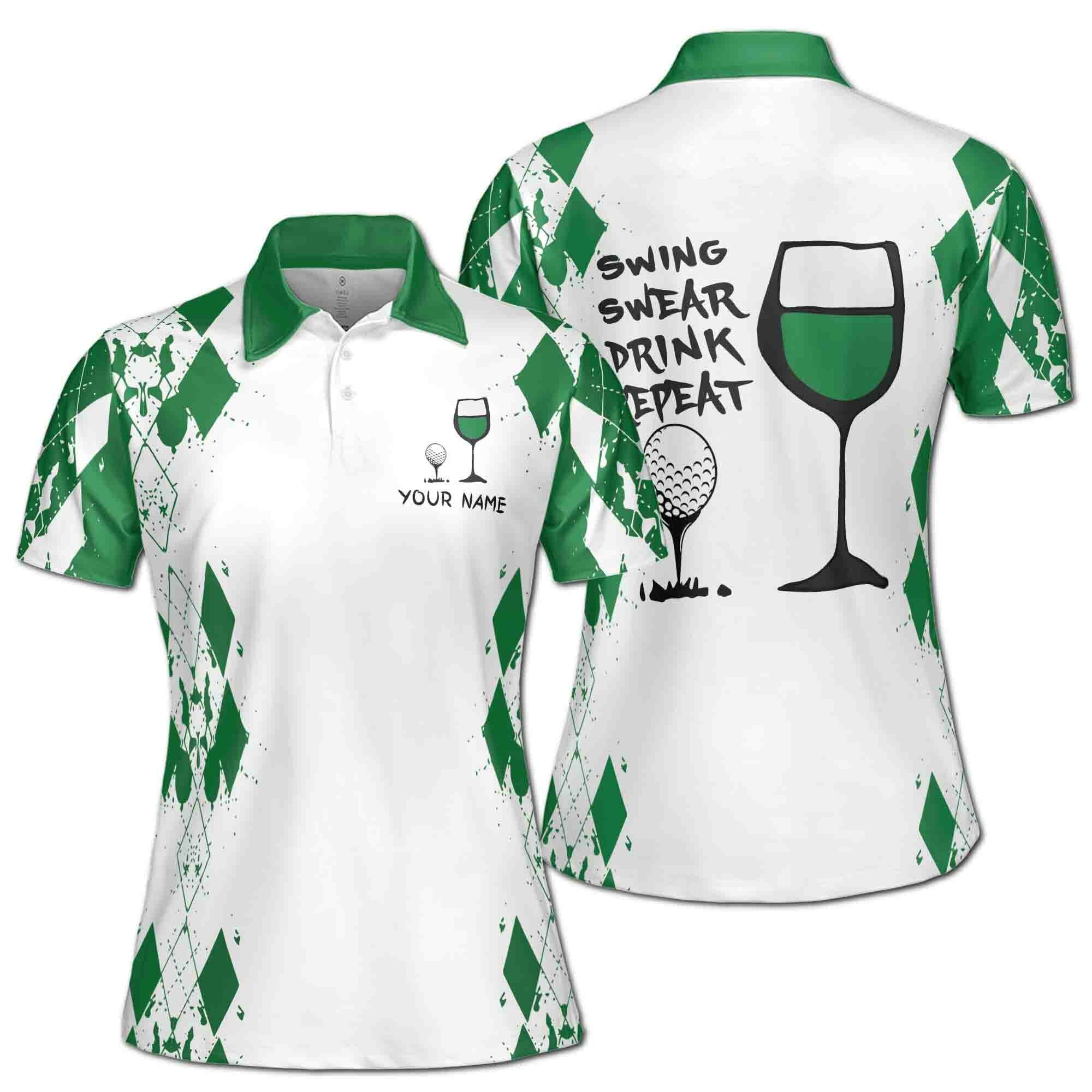 Custom Name Swing Swear Drink Repeat Golf & Wine Women 3D Polo Shirt ...