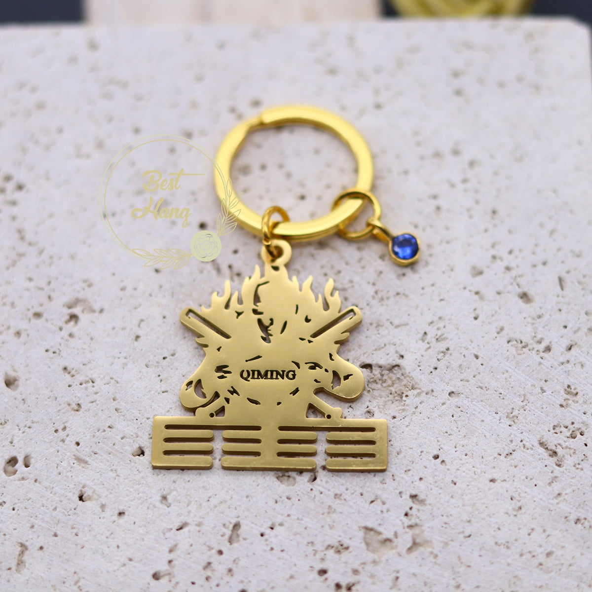 Custom Name Wood Fire Birthstone Keyring Customized Flame Totem ...