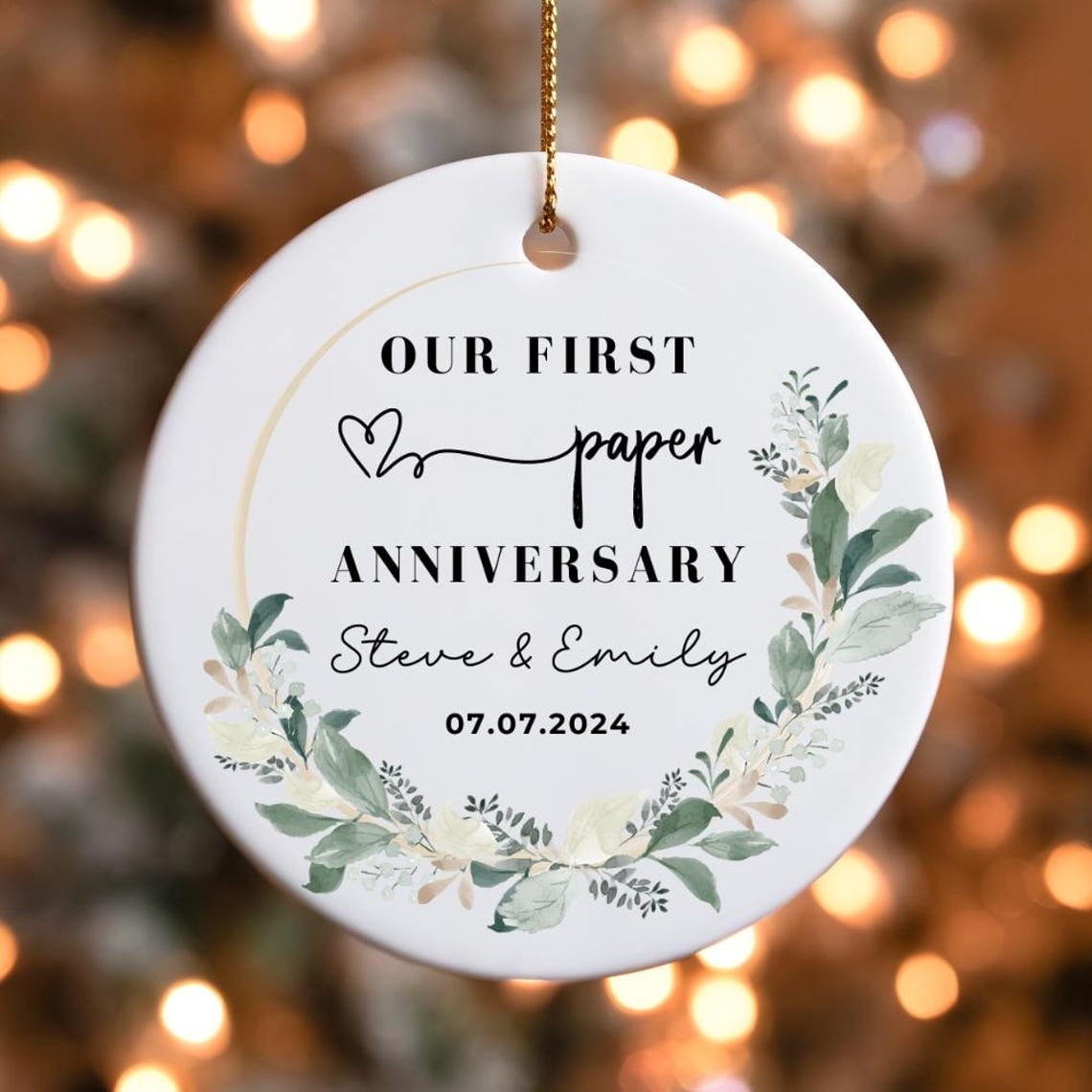 Custom Name and Date First Anniversary Ceramic Ornament, One Year Paper ...
