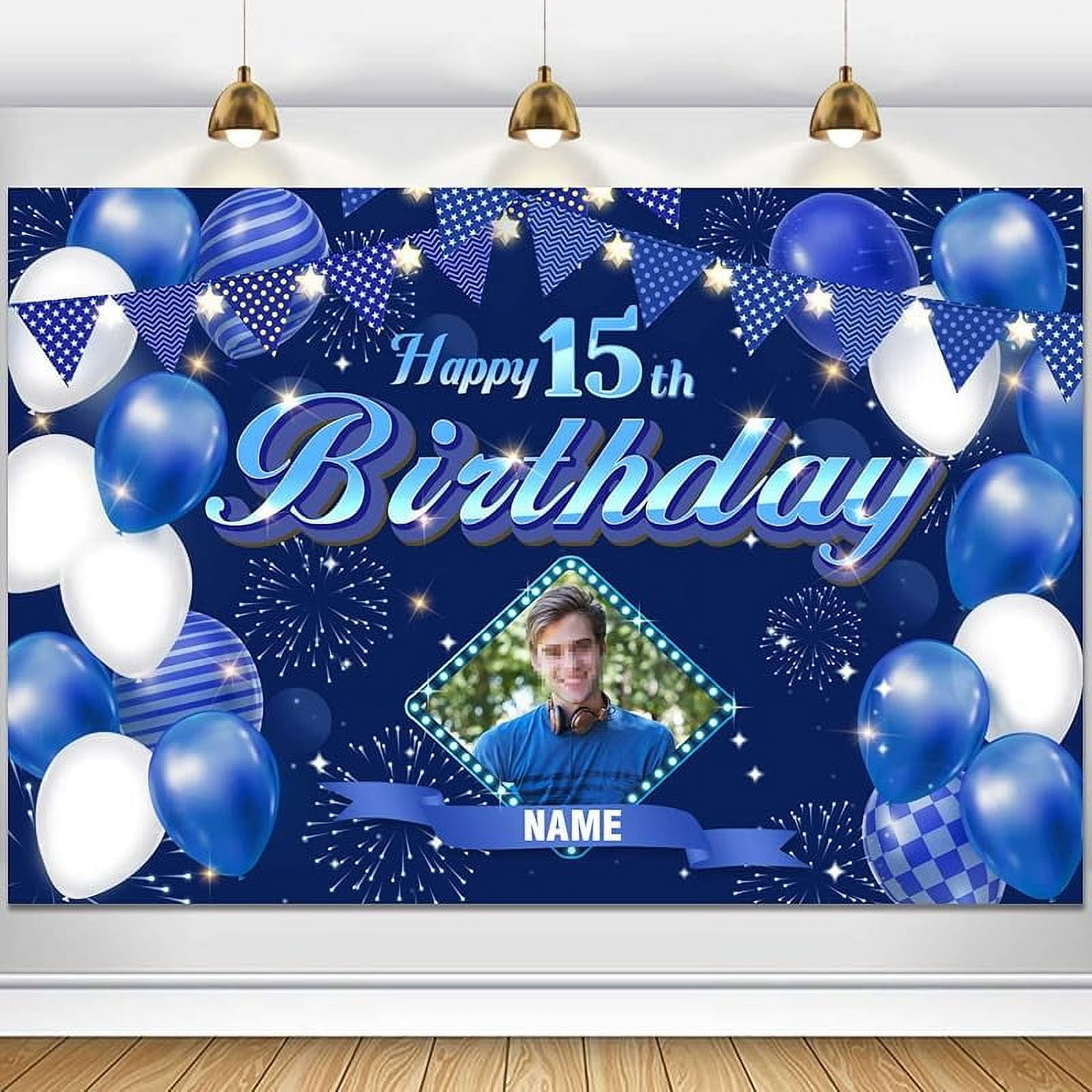 Custom Navy Blue Happy 15th Birthday Decorations Backdrop, Glitter Birthday Backdrop Sign, Happy ...