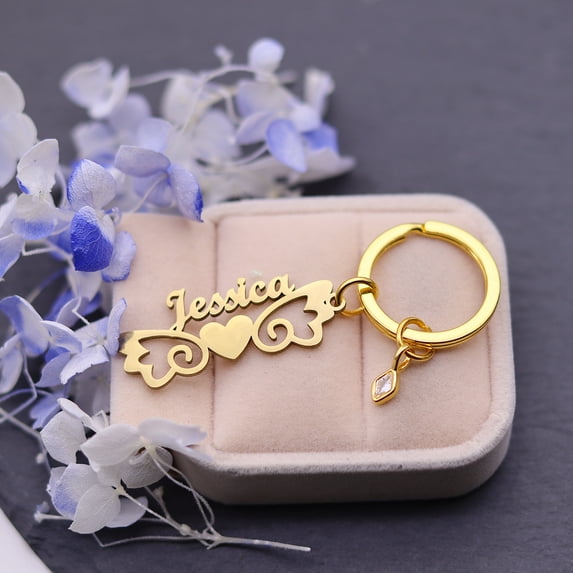 Custom Number Name Keychain for Women Men Heart Wings Keyring ...