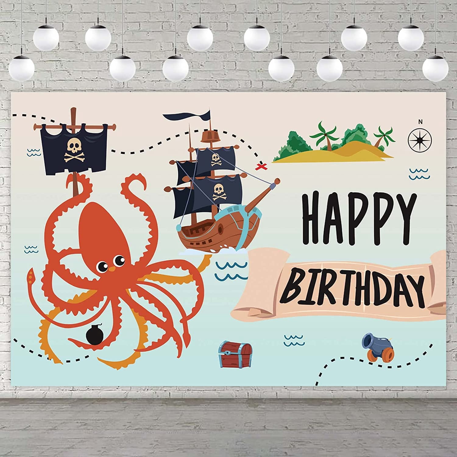 Custom Octopus Pirate Ship Happy Birthday Banner Backdrop Background ...