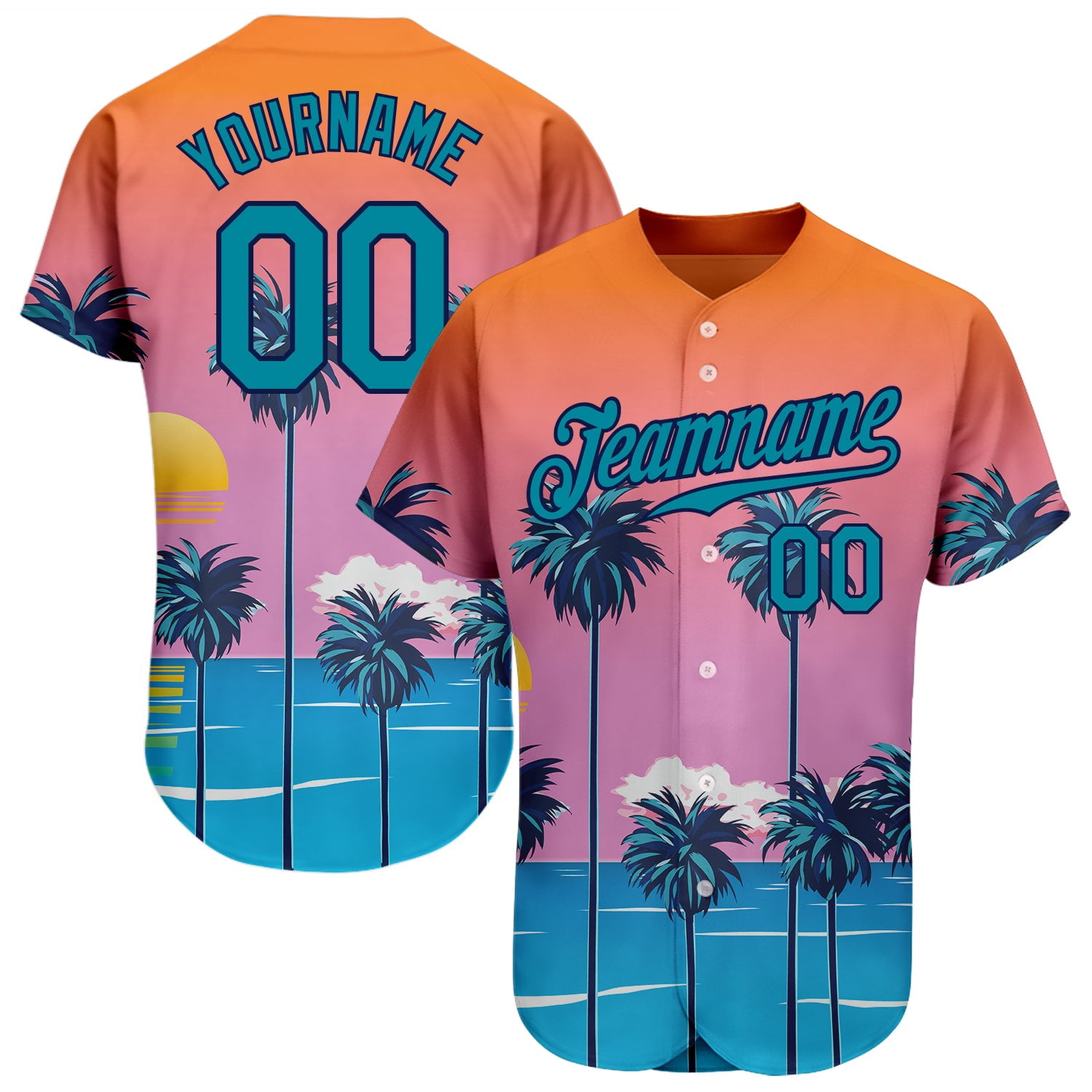 Custom Orange Teal-Navy 3D Pattern Design Sun Beach Hawaii Palm Trees ...