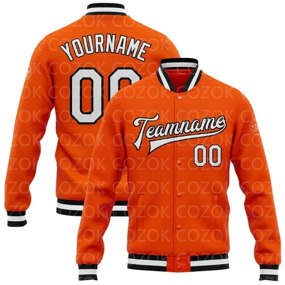 Custom Orange White Black 3D Printed Baseball Button Jacket Bomber Full ...