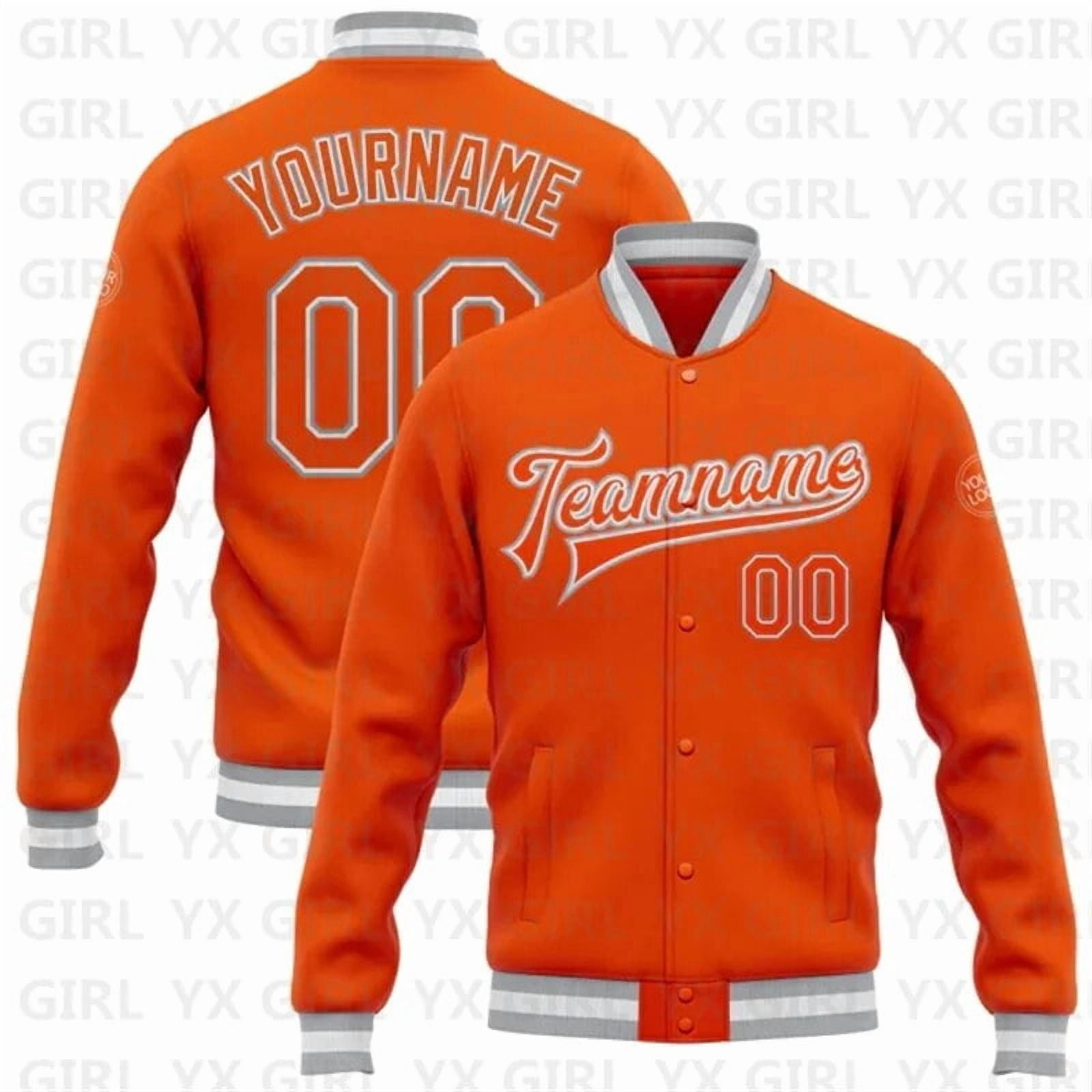 Custom Orange White-Gray Bomber Full-Snap Varsity Letterman Jacket 3D ...
