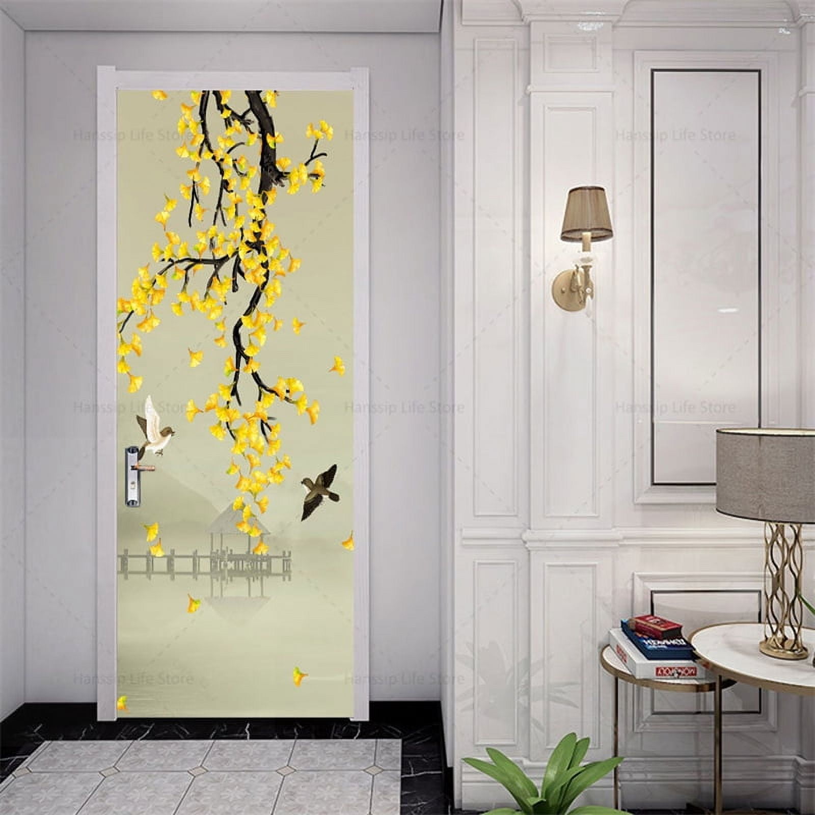 Custom Oriental Door Stickers PVC Waterproof Poster Peony Watercolor ...