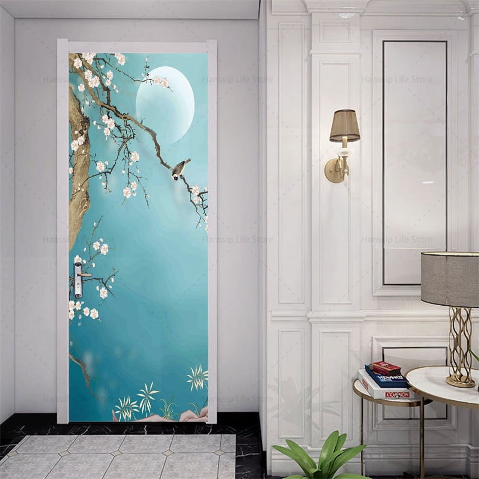Custom Oriental Door Stickers PVC Waterproof Poster Peony Watercolor ...