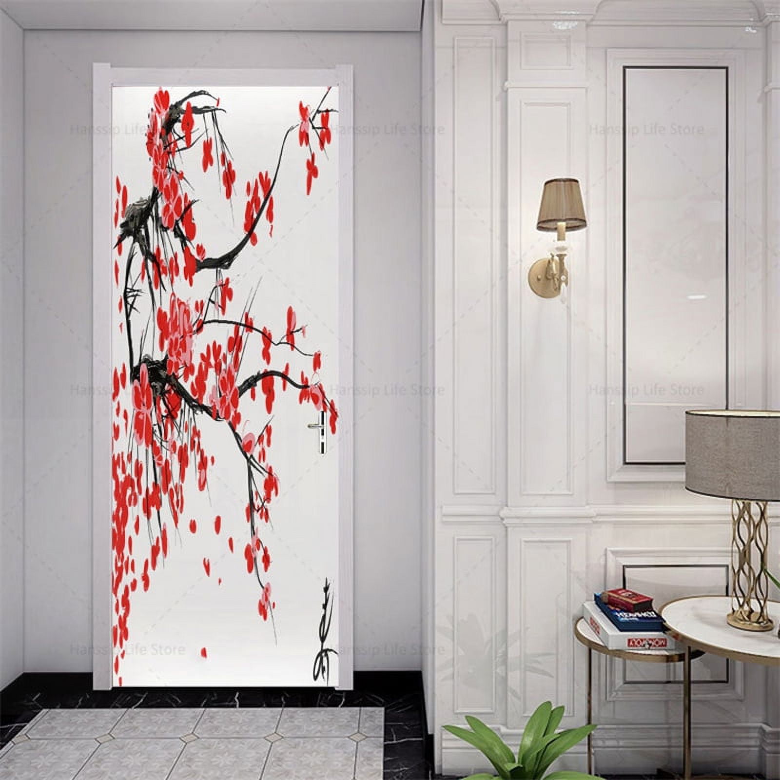 Custom Oriental Door Stickers PVC Waterproof Poster Peony Watercolor ...