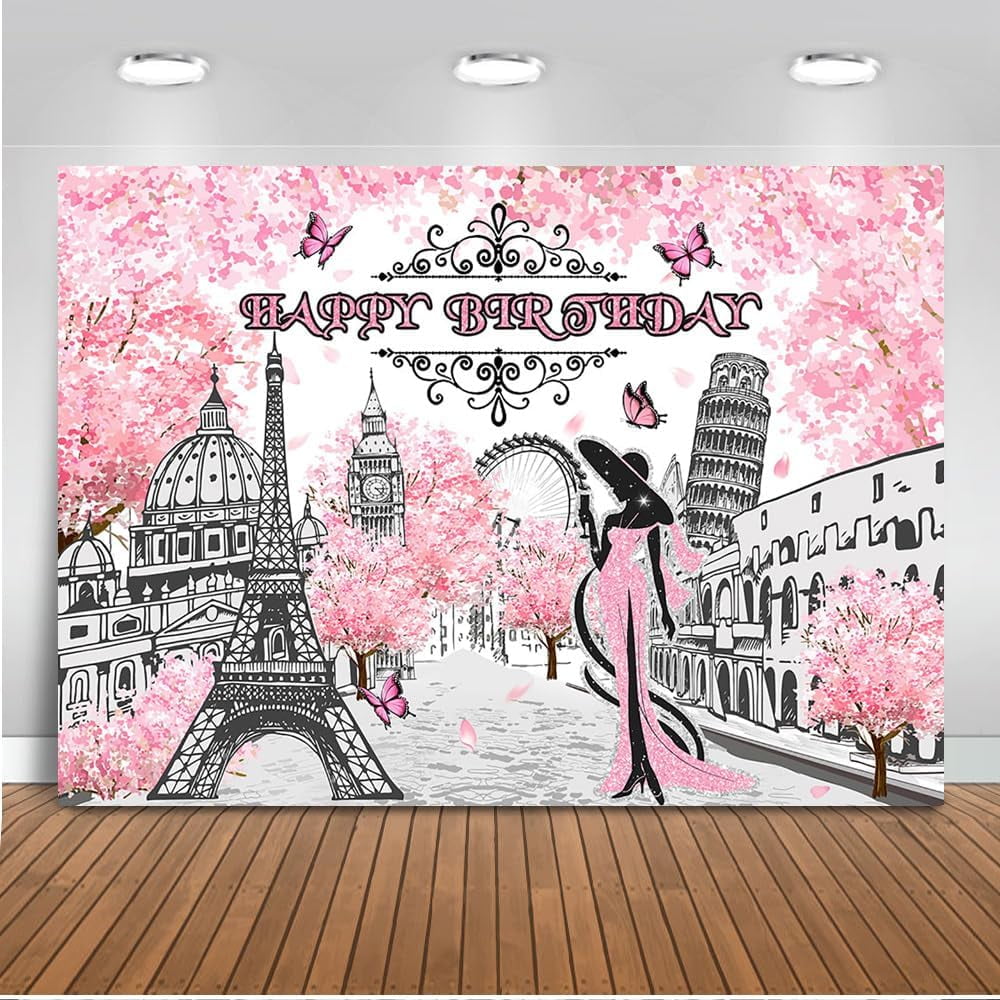 Custom Paris Birthday Backdrop Pink Floral Paris Themed Party ...