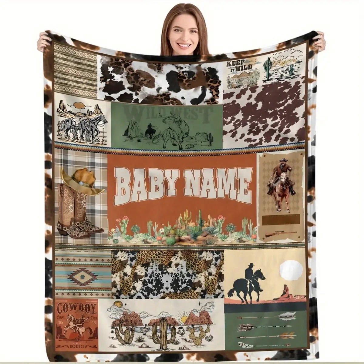 Custom Personalized Flannel Blanket with Name - Western Cowboy Cactus ...