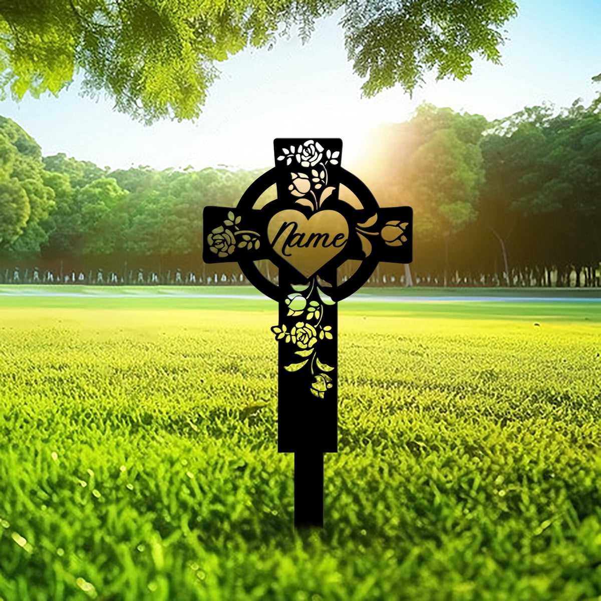 Custom Personalized Flower Metal Cross Memorial Stake, Memorial Garden ...