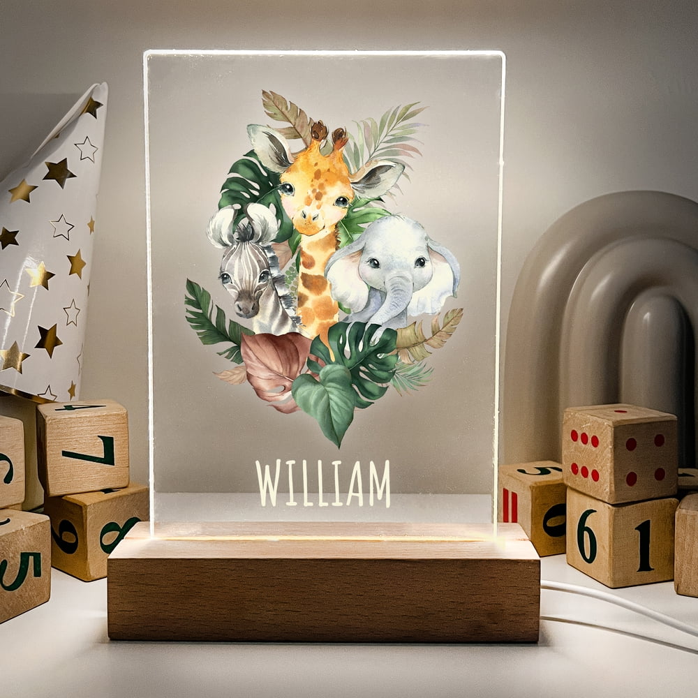 Custom Personalized Name LED Wood Stand Night Light Up Safari Animals ...