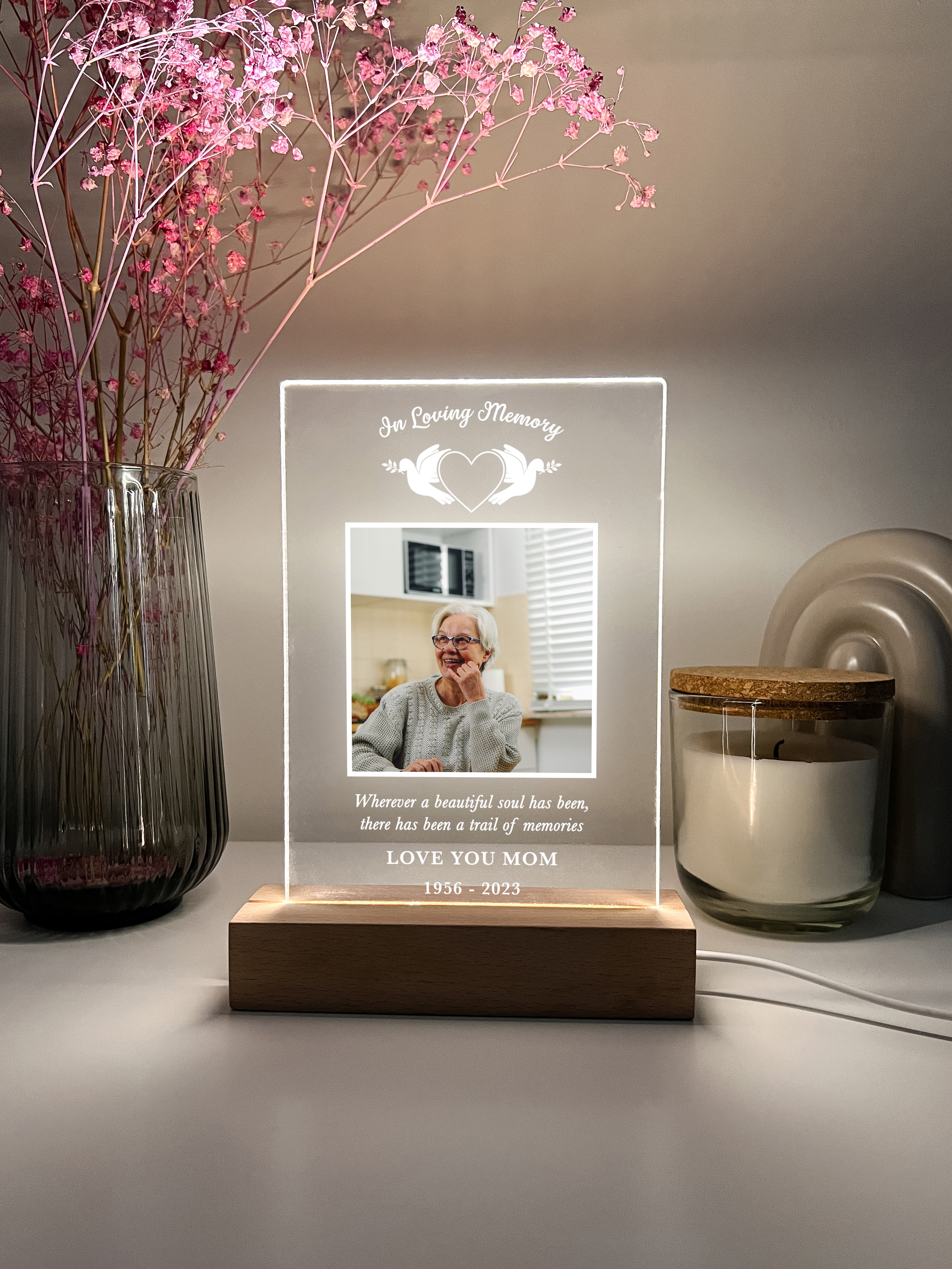Custom Personalized Photo LED Wood Stand White Doves Night Light Up ...
