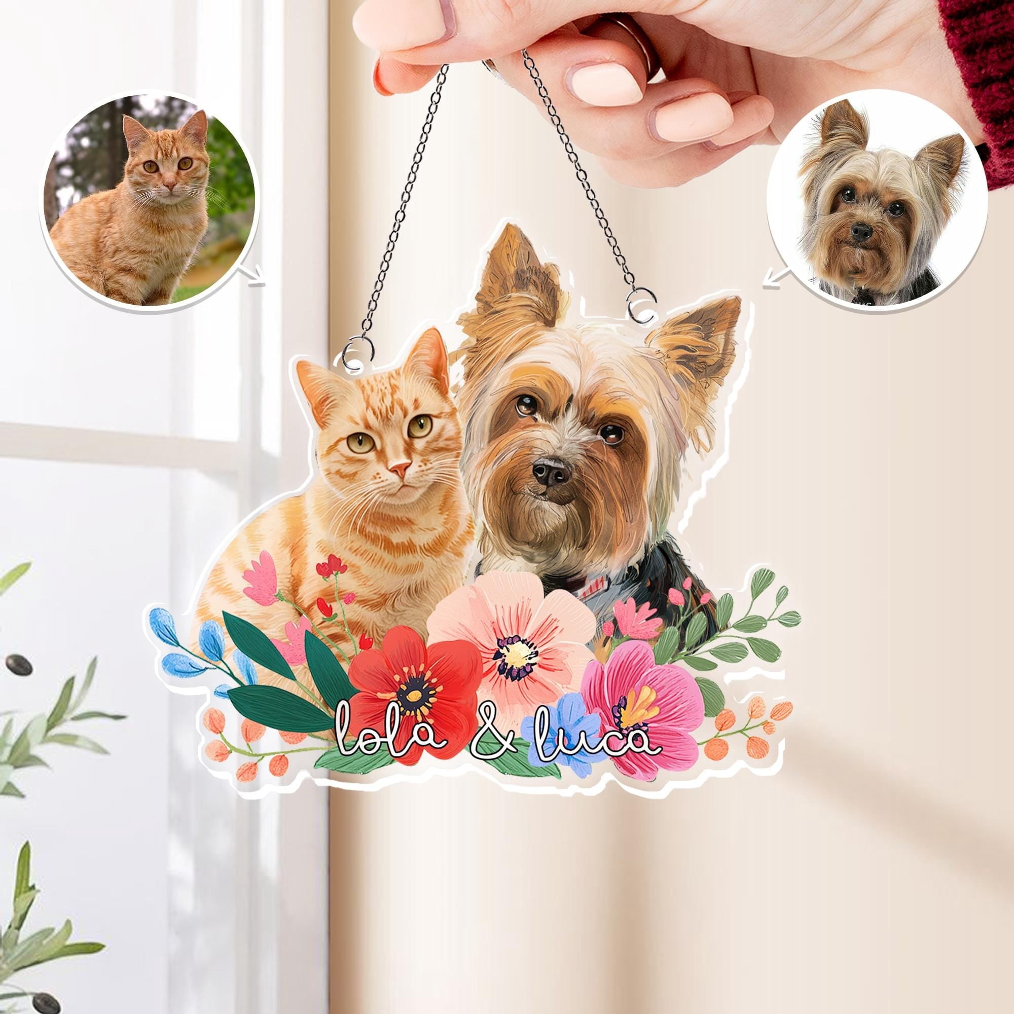 Custom Pet Portrait Acrylic Suncatcher, 2D Flat Window Panel, Floral ...
