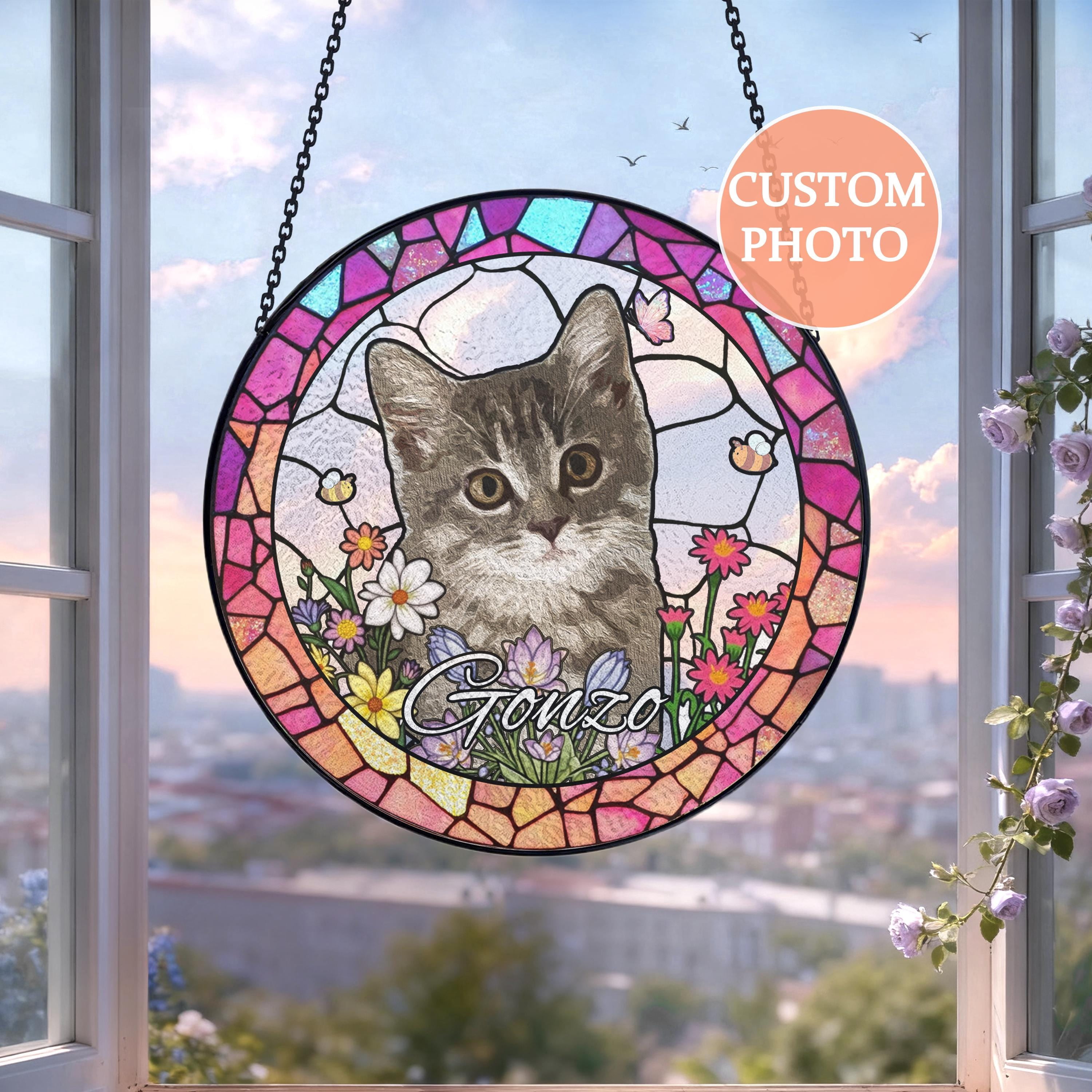 Custom Pet Portrait Stained Glass Suncatcher Personalized Cat Dog ...