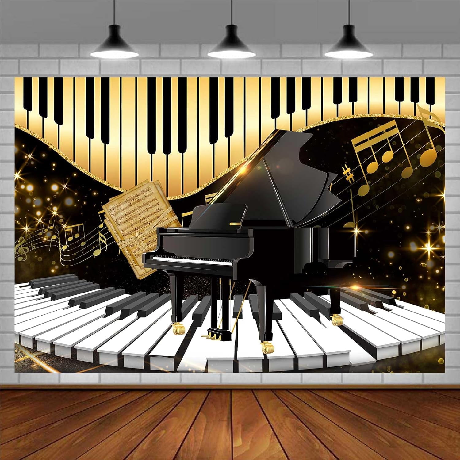 Custom Piano Backdrop, 7x5ft, Piano Keyboard Golden Musical Notes ...