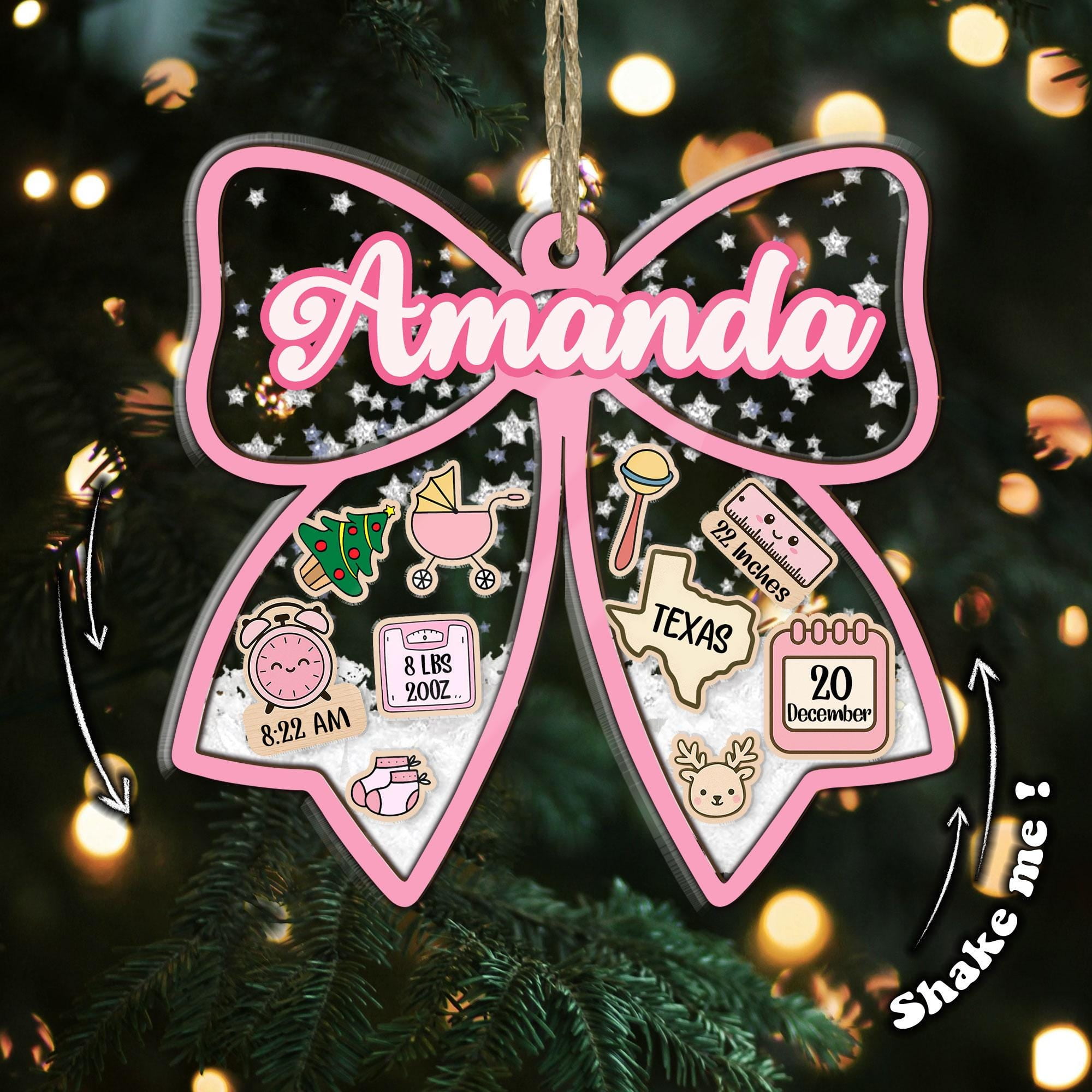 Custom Pink Bow Flower Shape Baby Girl's First Christmas Ornament, Bow ...