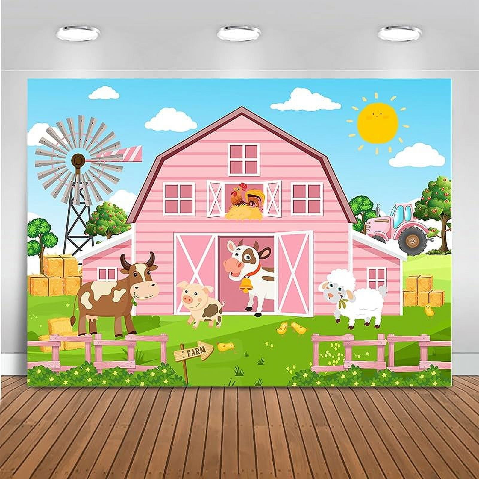 Custom Pink Farm Barn Backdrop Large Cartoon Farm Animals Birthday Paty ...