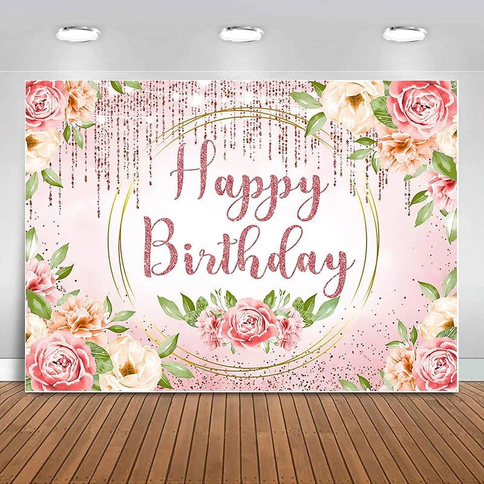 Custom Pink Floral Birthday Backdrop Banner Women Rose Gold Birthday ...