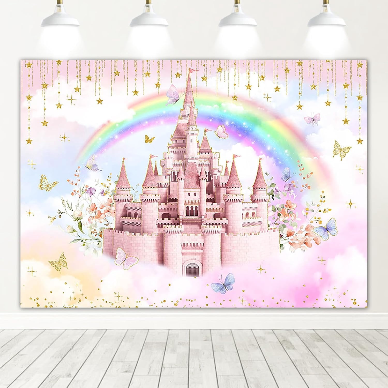 Custom Princess Castle Birthday Backdrop Pink Cloudy Butterfly Pastel ...