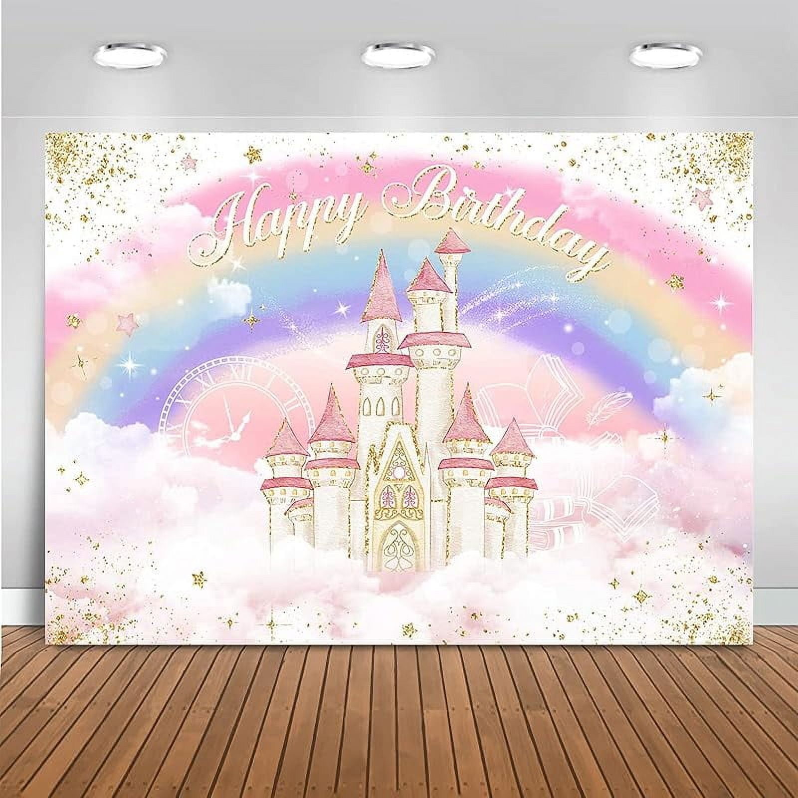 Custom Princess Castle Birthday Backdrop Watercolor Pastel Rainbow ...