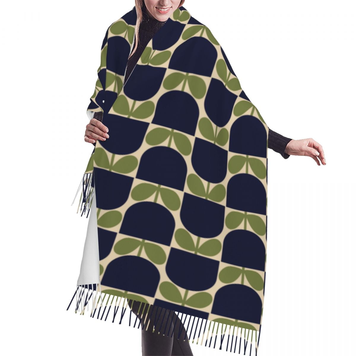 Custom Print Cut Stem Sky Orla Kiely Tassel Scarf Women Winter Fall ...