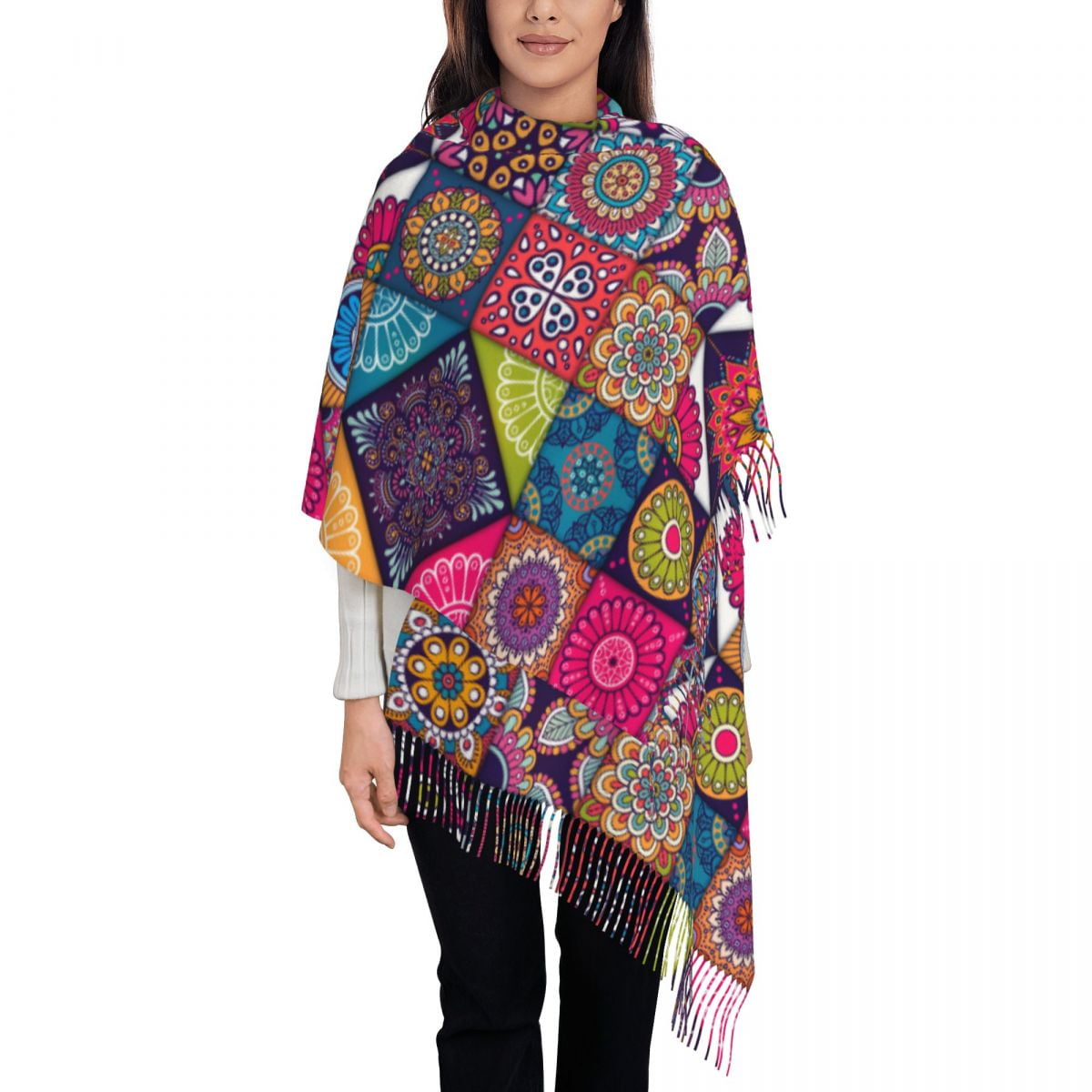 Custom Printed Bohemia Ethnic Mandala Flower Pattern Scarf Women Men ...