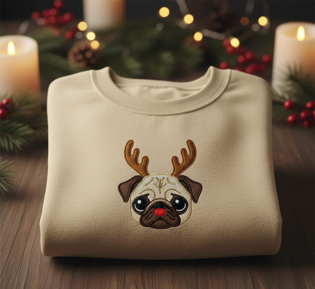Custom Pug Reindeer Christmas Sweatshirt, Cute Dog Embroidery Crewneck ...