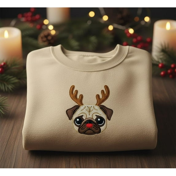 Custom Pug Reindeer Christmas Sweatshirt, Cute Dog Embroidery Crewneck ...