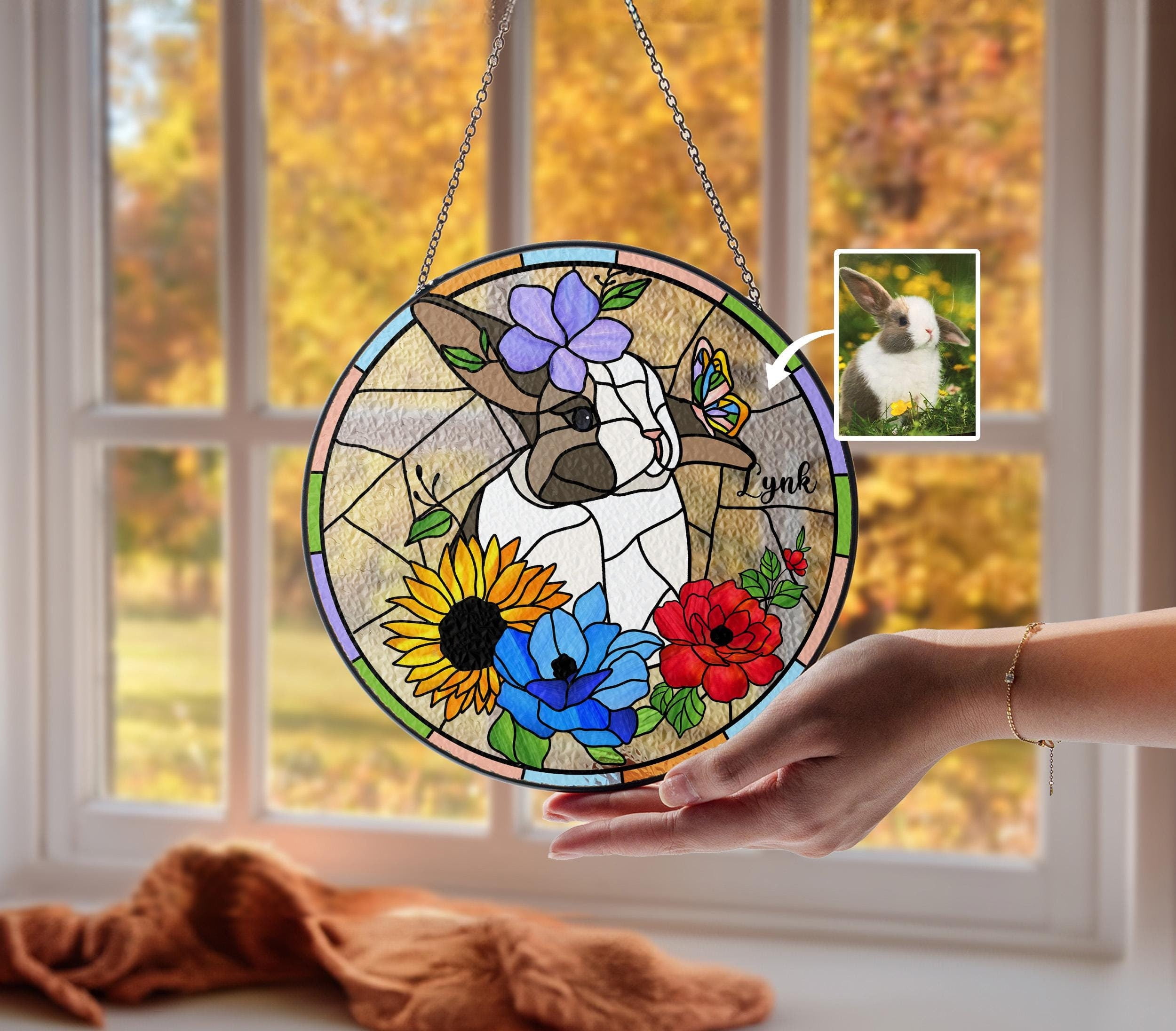 Custom Rabbit Portrait Glass Suncatcher, Pet Glass Art, Pet Portrait ...