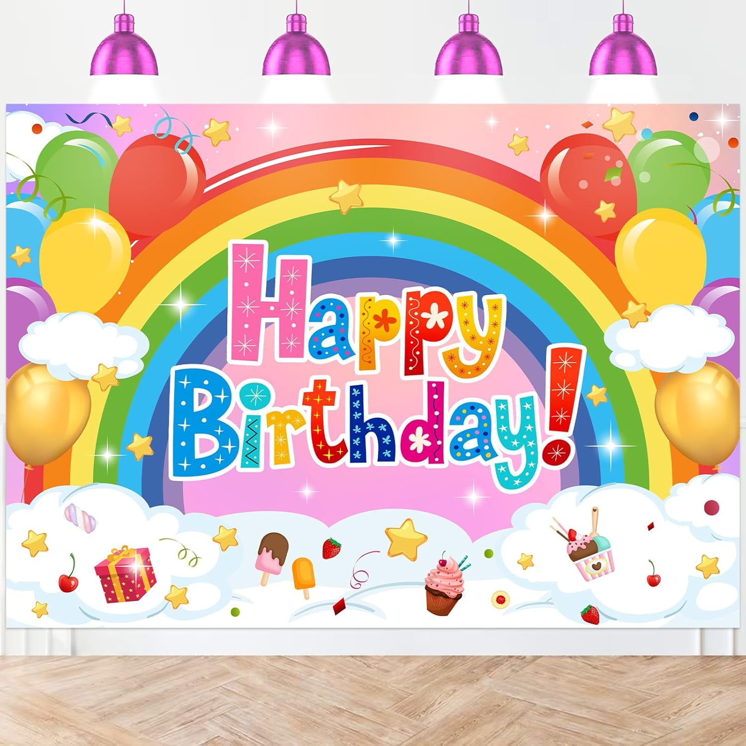 Custom Rainbow Happy Birthday Backdrop Girls Balloons Rainbow Birthday ...