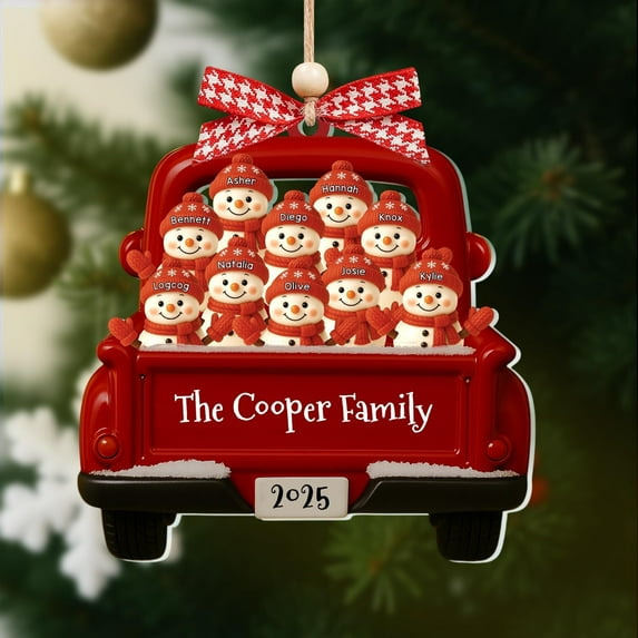 Custom Red Truck Snowman Ornament, Family Christmas Ornament ...