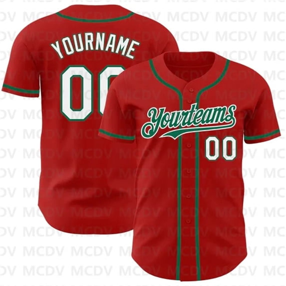 Custom Red White-Kelly Green Baseball Jersey 3D Printed Men Women Shirt ...