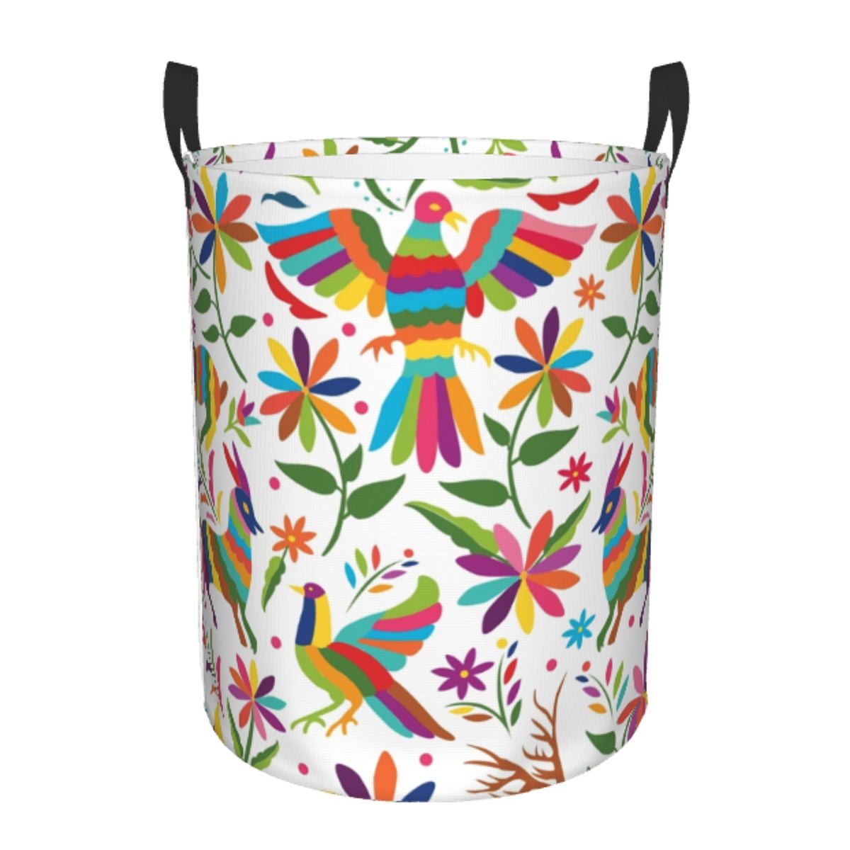 Custom Red White Mexican Flowers Laundry Basket Collapsible Textile ...