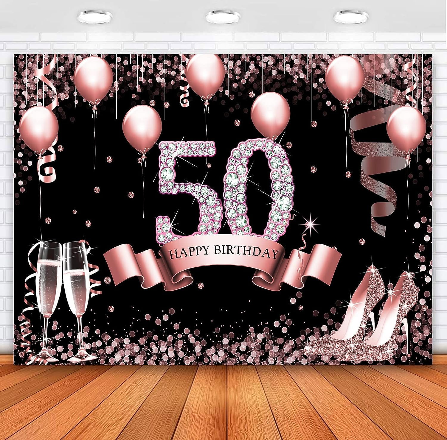 Custom Rose Gold Happy 50th Birthday Backdrop for Women Glitter ...