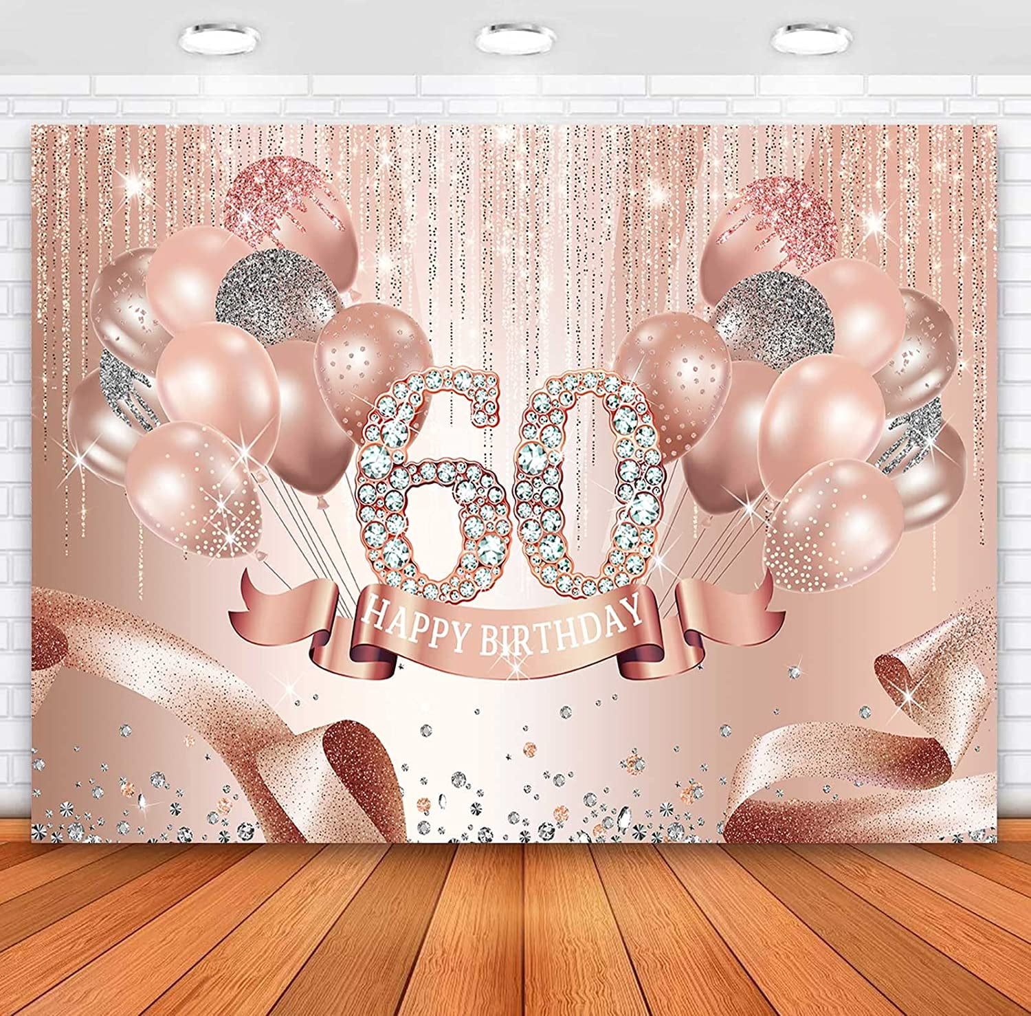 Custom Rose Gold Happy 60th Birthday Backdrop Decorations for Women Pink Glitter Ribbon Balloons ...