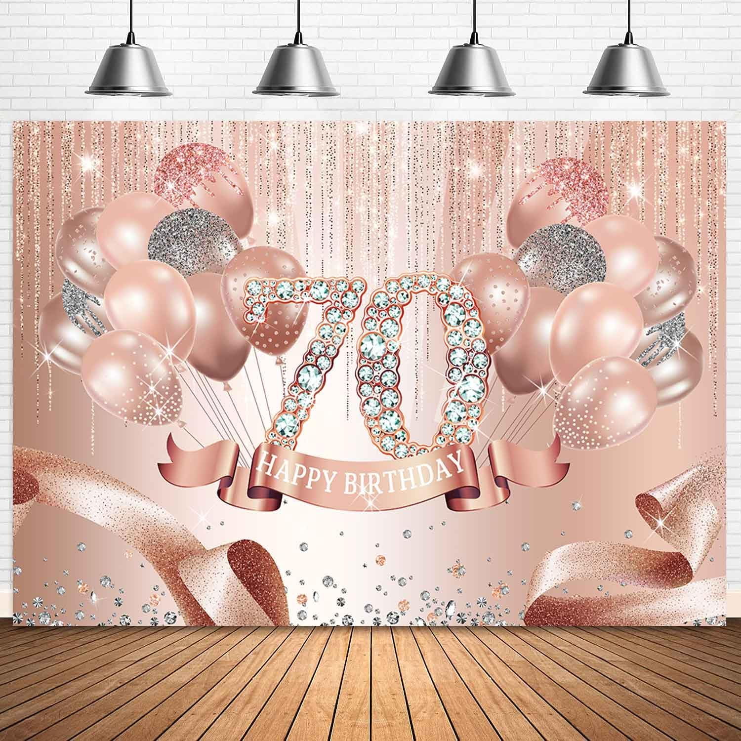 Custom Rose Gold Happy 70th Birthday Backdrop for Women Pink Glitter ...