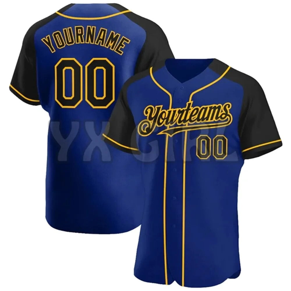 Custom Royal Black-Gold Authentic Raglan Sleeves Baseball Jersey 3D ...