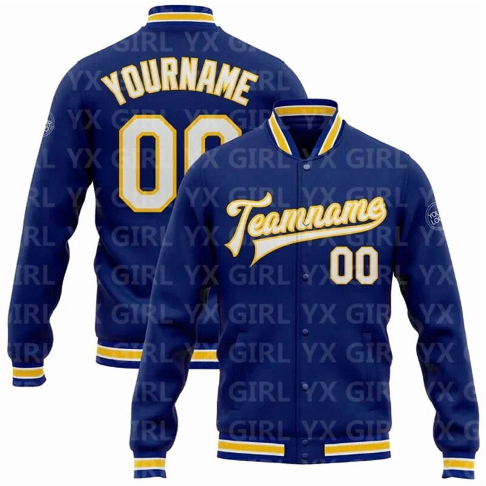 Custom Royal White-Yellow Bomber Full-Snap Varsity Letterman Jacket 3D ...