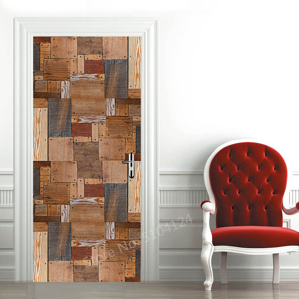Custom Self Adhesive Vintage Wooden Door Sticker Wallpaper On The Door ...
