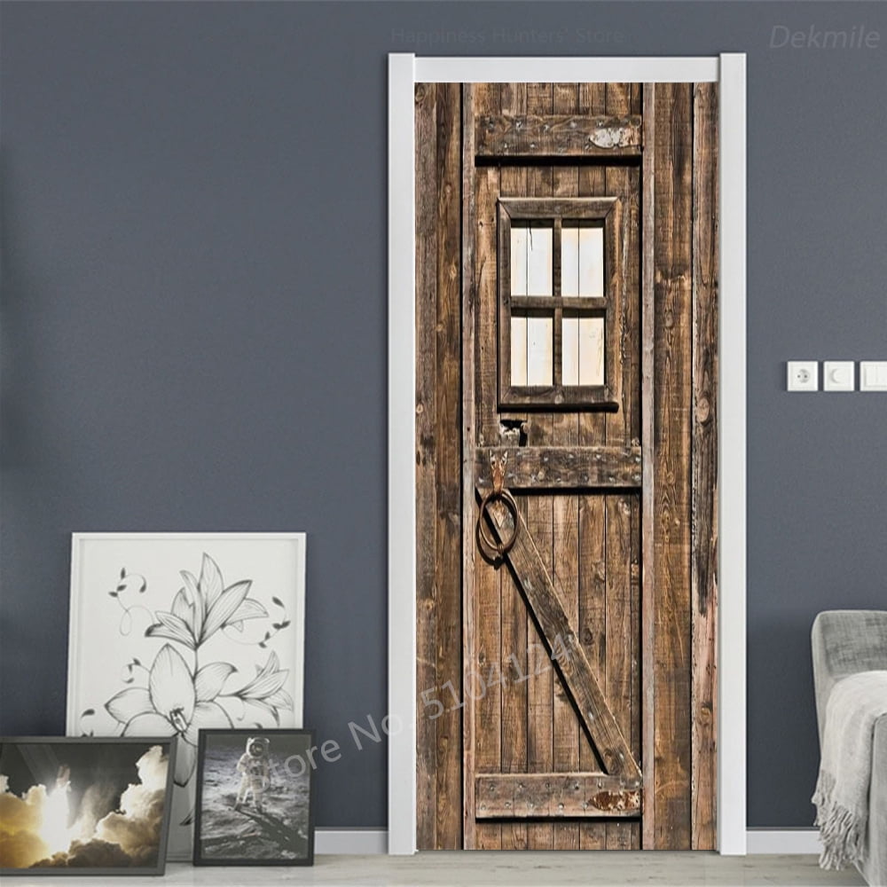 Custom Self Adhesive Vintage Wooden Door Sticker Wallpaper On The Door ...