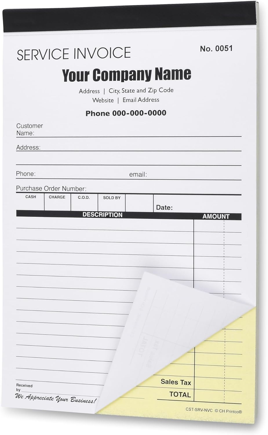 Custom Service Invoice Carbonless Form with Your Company Name - 2 Books ...