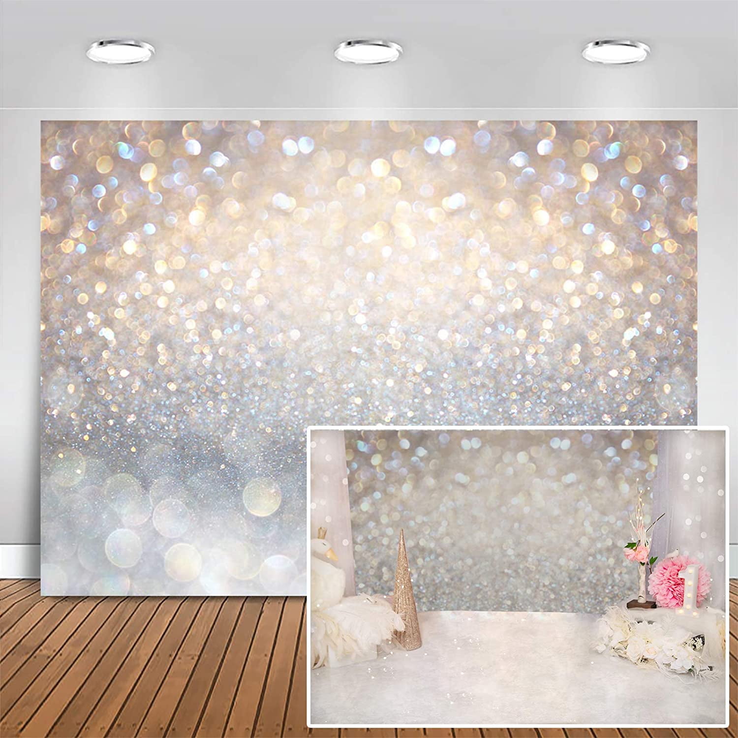 Custom Silver White Bokeh Photography Backdrop Golden Spots Sparkle (No ...
