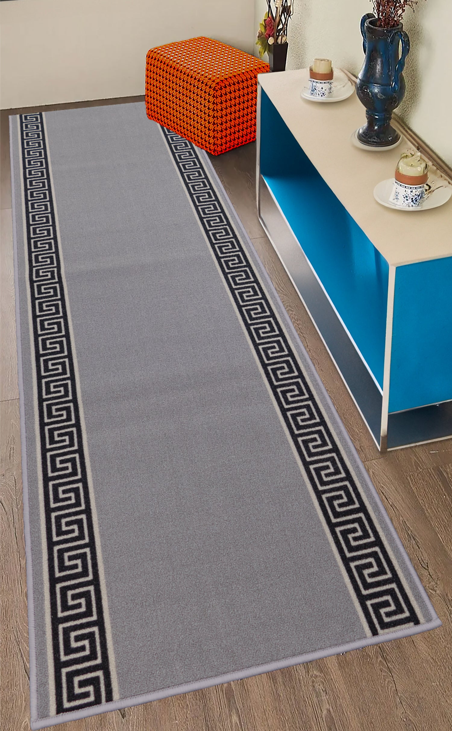 Custom Size Anti Slip Backing Low Pile Meander Greek Key Bordered Gray ...