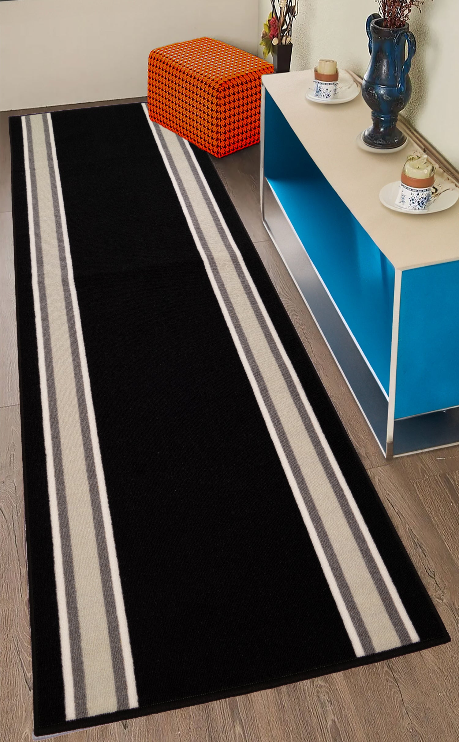 Custom Size Anti Slip Low Profile Loop Pile Striped Bordered Black ...