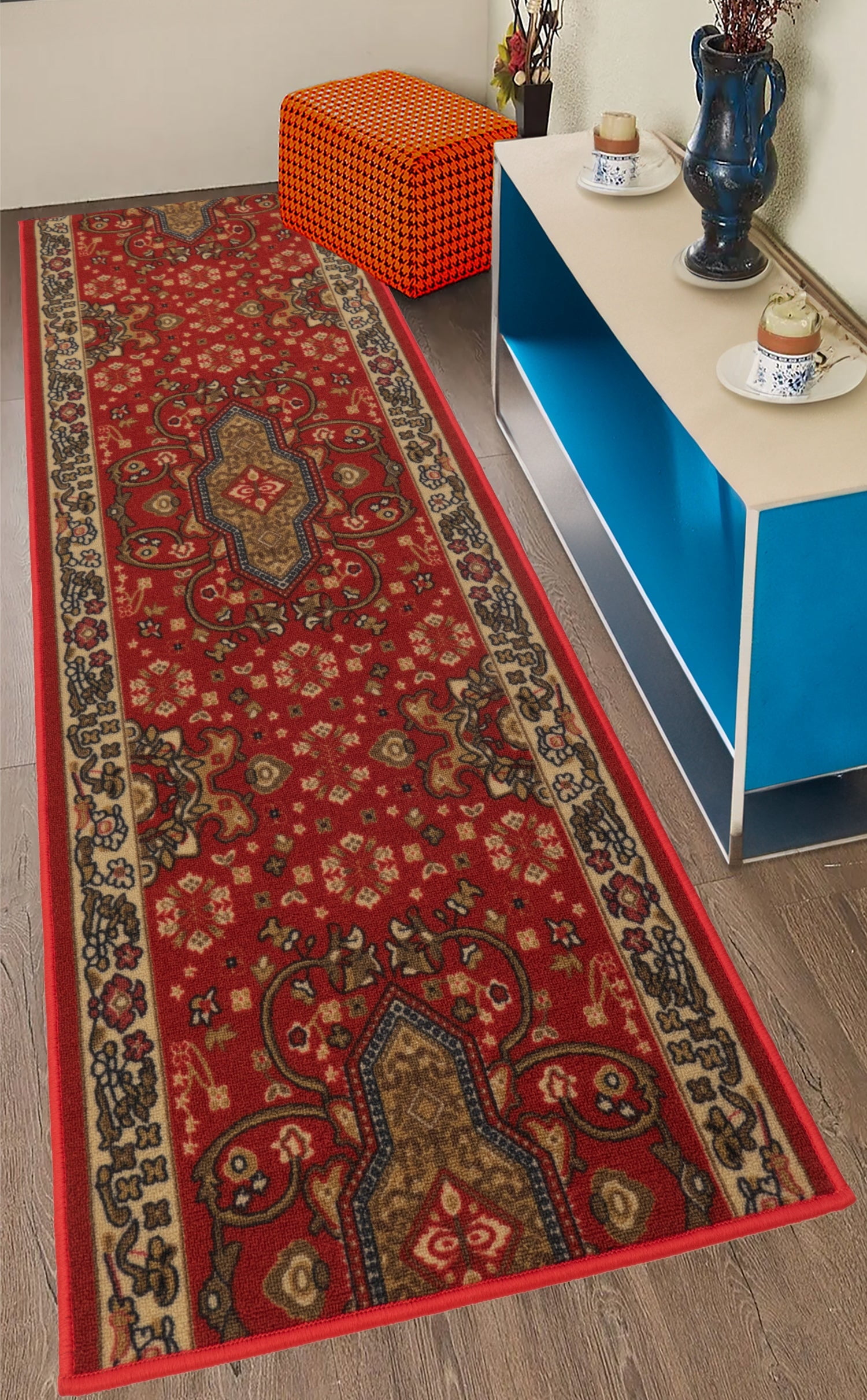 Custom Size Anti-Slip Low Profile Oriental Red Design Carpet Runner Rug ...