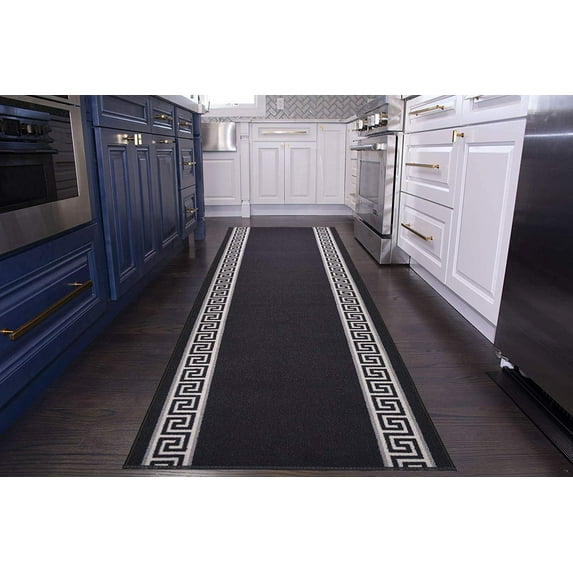 Custom Size Bordered Greek Key Meander Black Roll Runner Rug Customize ...