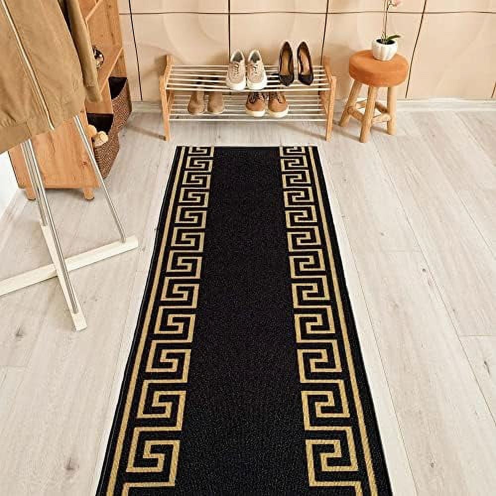 Custom Size Greek Key Design Black Gold Color Rubber Backed Non-Slip ...