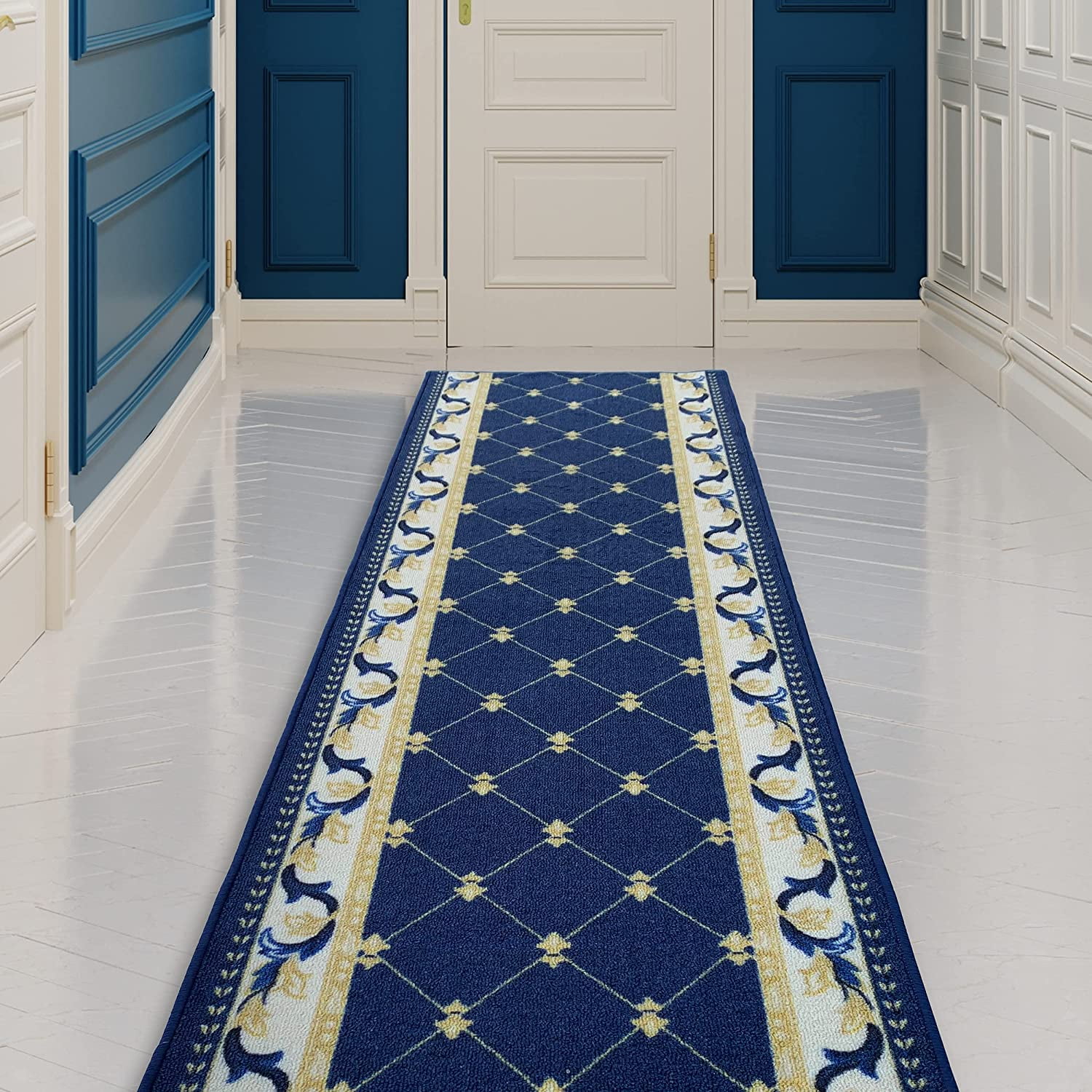 Custom Size Runner Rug, Non-Slip, Blue, 26/31in Wide, Trellis French ...